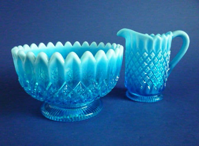 Rare Davidson s Blue Pearline Glass Somerset Jug and Bowl c1895
