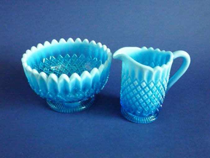 Rare Davidson s Blue Pearline Glass Somerset Jug and Bowl c1895