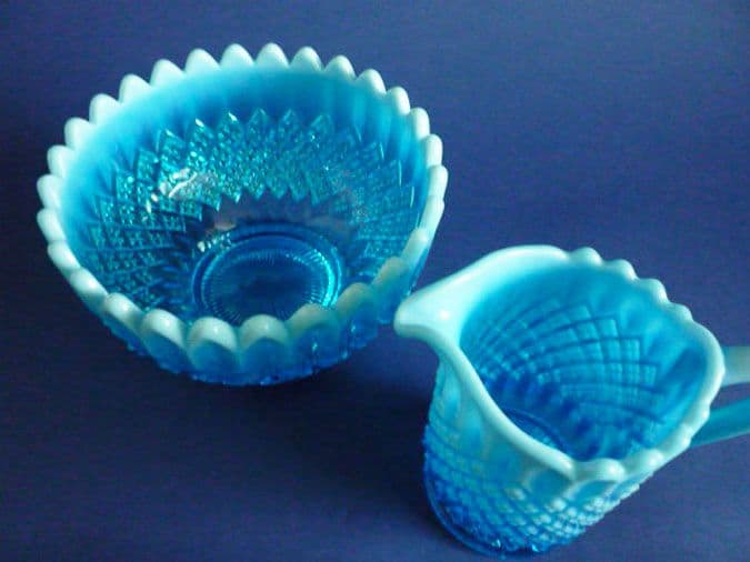 Rare Davidson s Blue Pearline Glass Somerset Jug and Bowl c1895