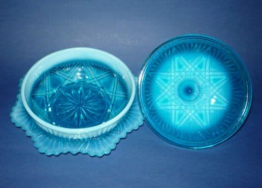Rare Davidson s Blue Pearline Victoria and Albert Glass Covered Dish c1897