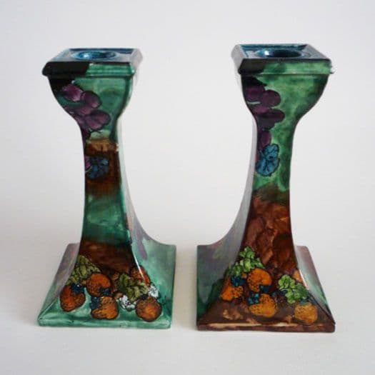 Rare Hancock and Sons Titian Ware Candlesticks by F X Abraham c1925