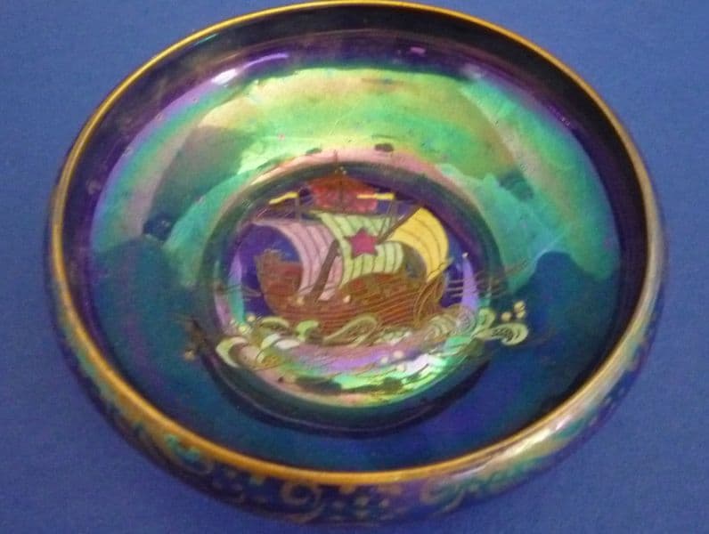 Rare Maling Blue Lustre Galleon Pattern 3494 Miniature Bowl c1929