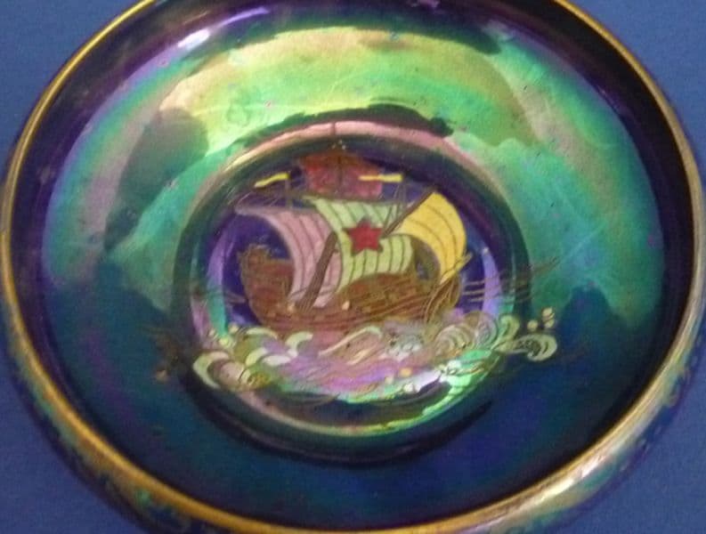 Rare Maling Blue Lustre Galleon Pattern 3494 Miniature Bowl c1929