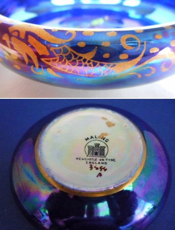 Rare Maling Blue Lustre Galleon Pattern 3494 Miniature Bowl c1929