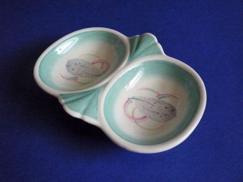 Susie Cooper Crown Works Pottery Green Grey Leaf Double Jam Dish c1935