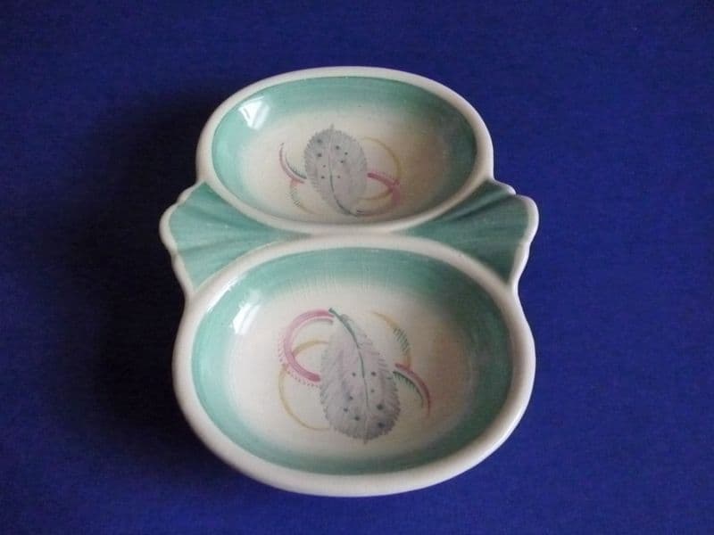 Susie Cooper Crown Works Pottery Green Grey Leaf Double Jam Dish c1935