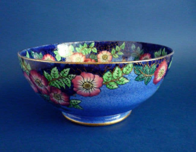 Unusual Maling Pottery Blue Gilded Rosine Large Art Deco Bowl c1937