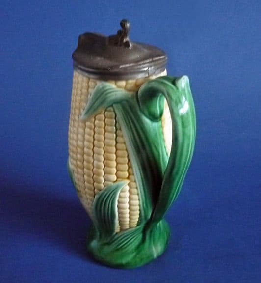 Victorian Majolica Corn on the Cob Jug with Pewter Lid c1870