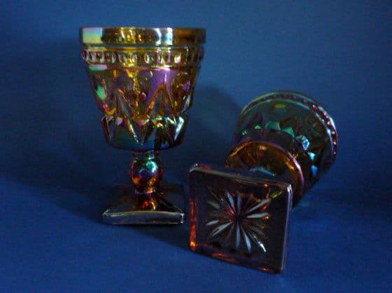 Vintage Carnival Glass - Pair of Heavy Cut Square Based Wine Goblets Sold