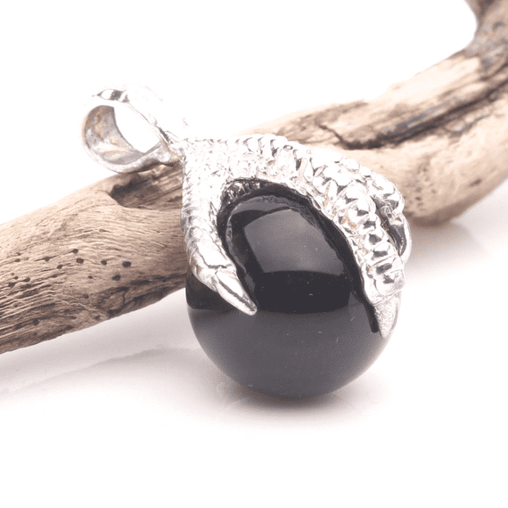 Black Obsidian Sphere Eagle Claw Pendant
