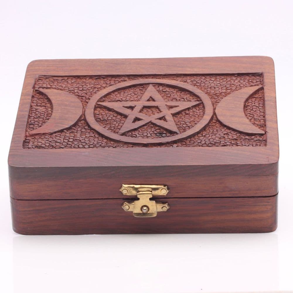 Carved Wooden Box Triple Moon and Pentacle design