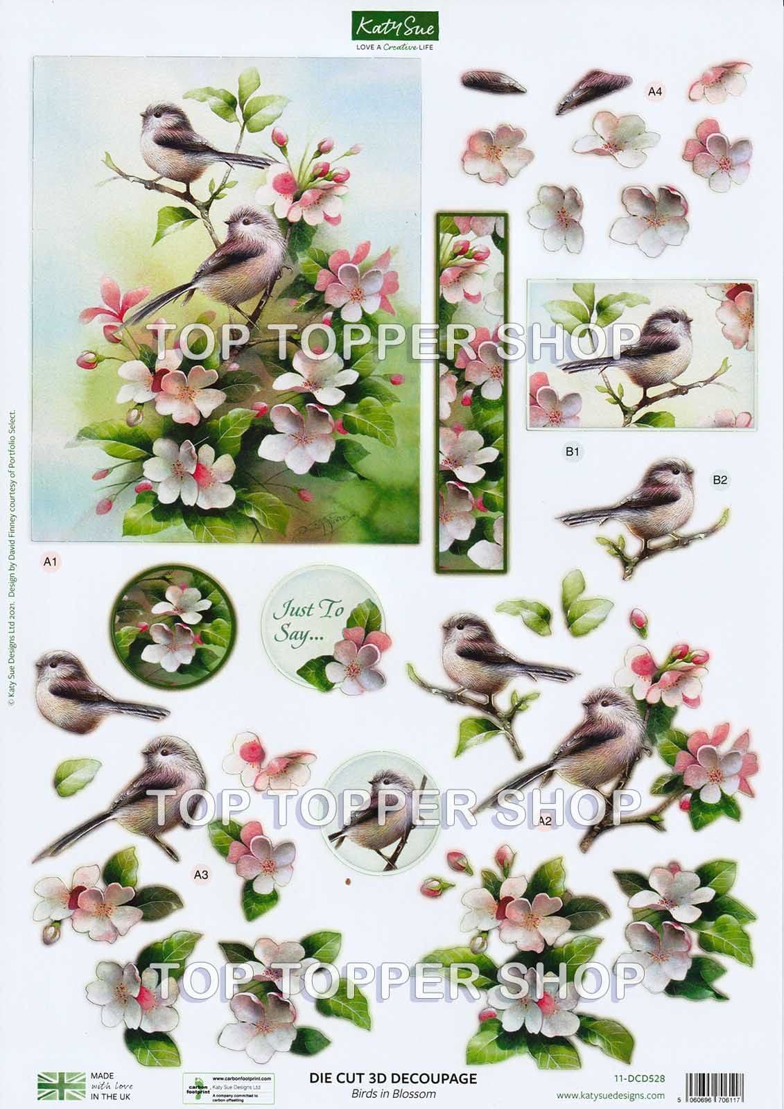 Birds in Blossom A4 Die Cut Decoupage Sheet - Katy Sue Designs