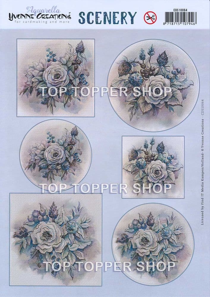 Blue Flowers A4 Die Cut Card Toppers Yvonne Creations Push Out CDS10064