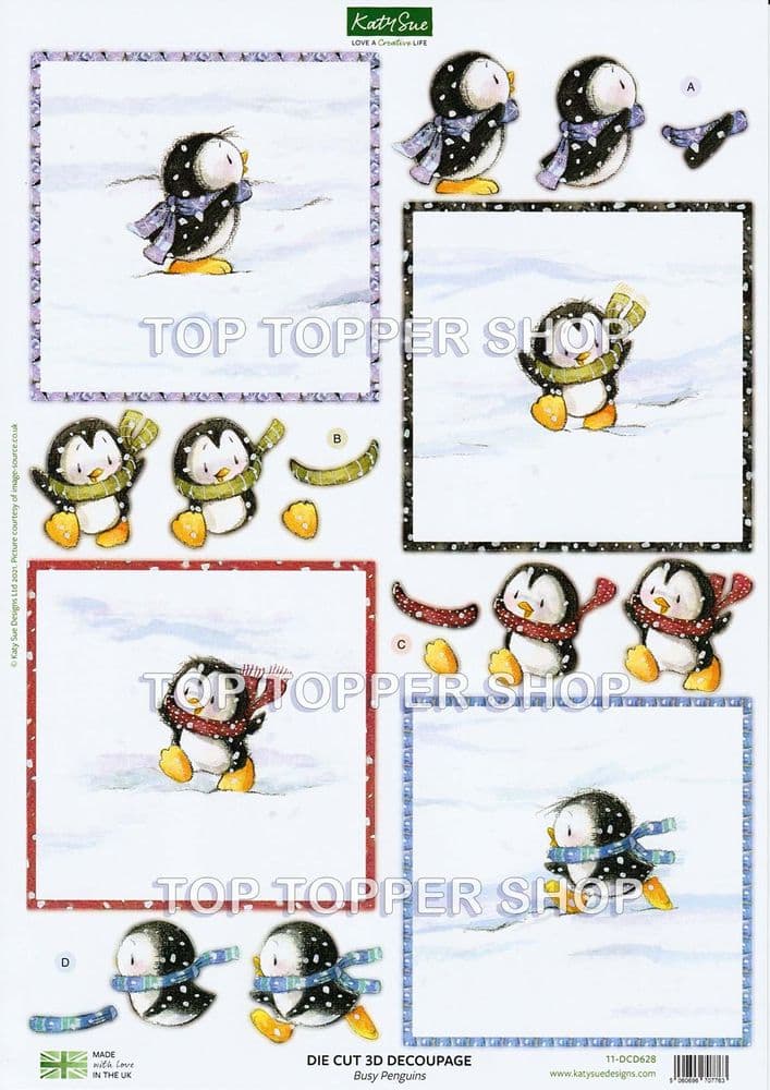 Busy Penguins A4 Die Cut Christmas Decoupage Sheet - Katy Sue Designs