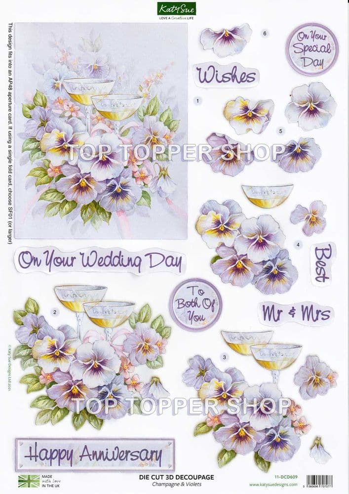 Champagne and Violets A4 Die Cut Decoupage Sheet - Katy Sue Designs
