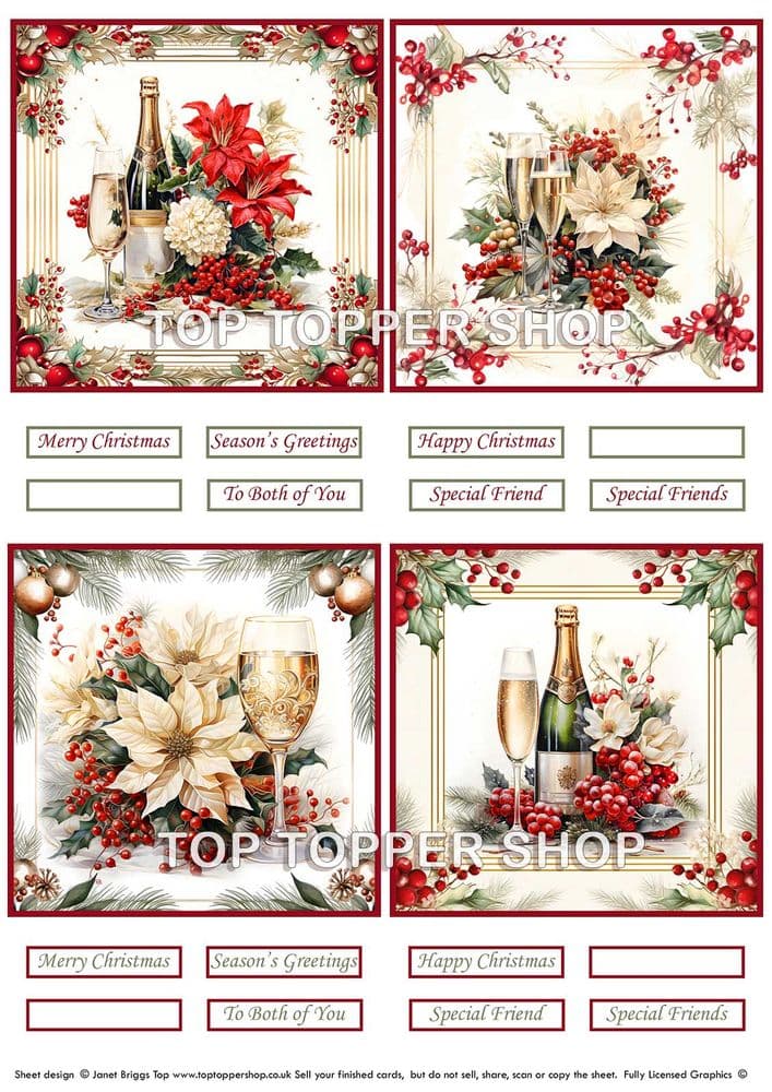 Christmas Cheer Champagne & Poinsettia - Christmas Toppers for Card ...
