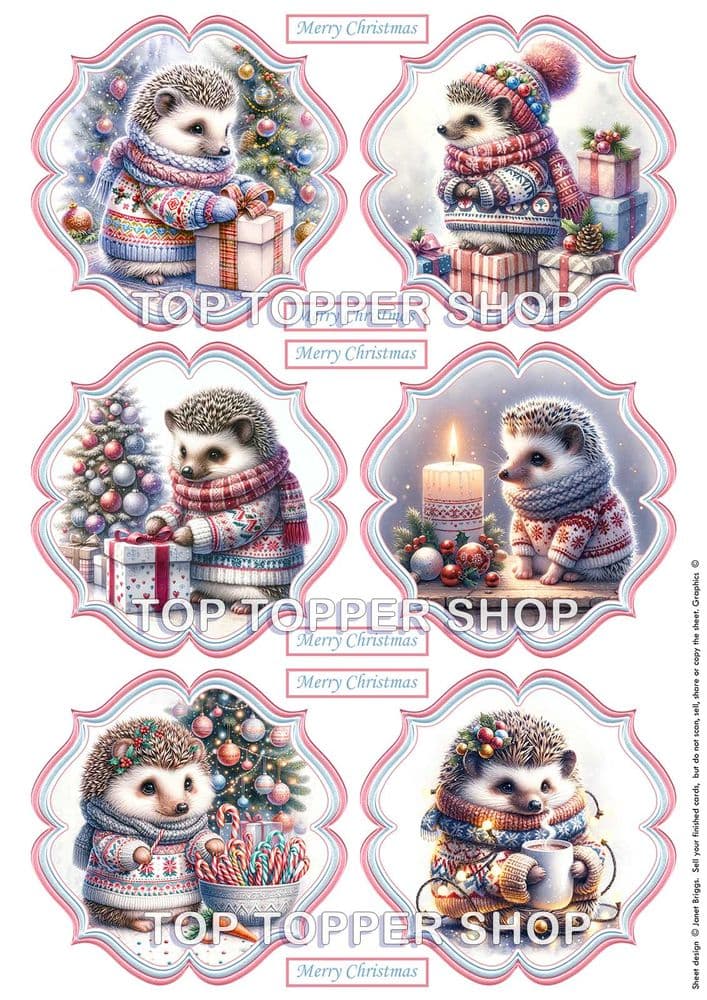 Cute Hedgehogs - 6 Christmas Toppers for Card Making 290gsm TTSTOPX17