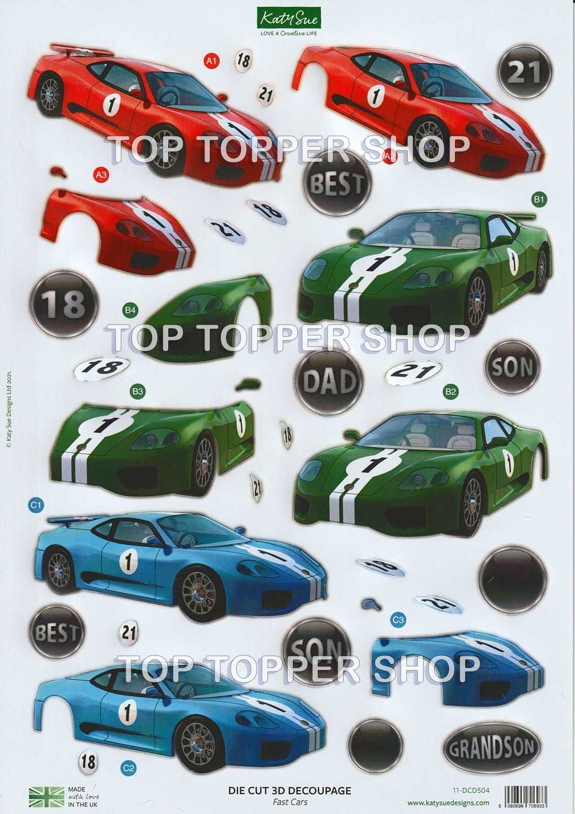 Fast Cars A4 Die Cut Decoupage Sheet - Katy Sue Designs
