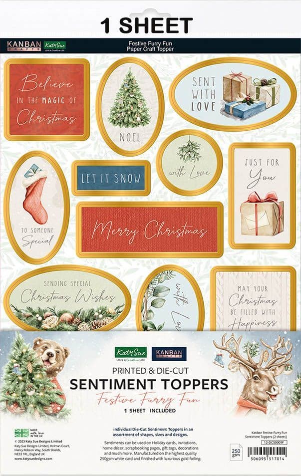 Festive Furry Fun Christmas Foiled Sentiment Toppers 1 A4 sheet Kanban ...