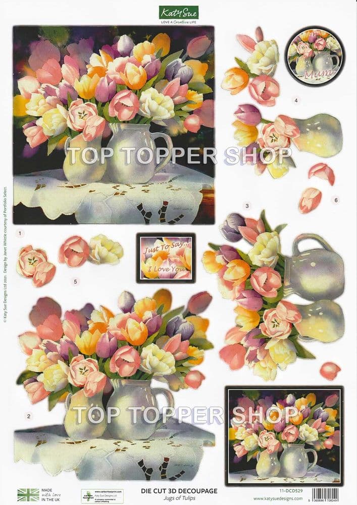 Jugs of Tulips A4 Die Cut Decoupage Sheet - Katy Sue Designs