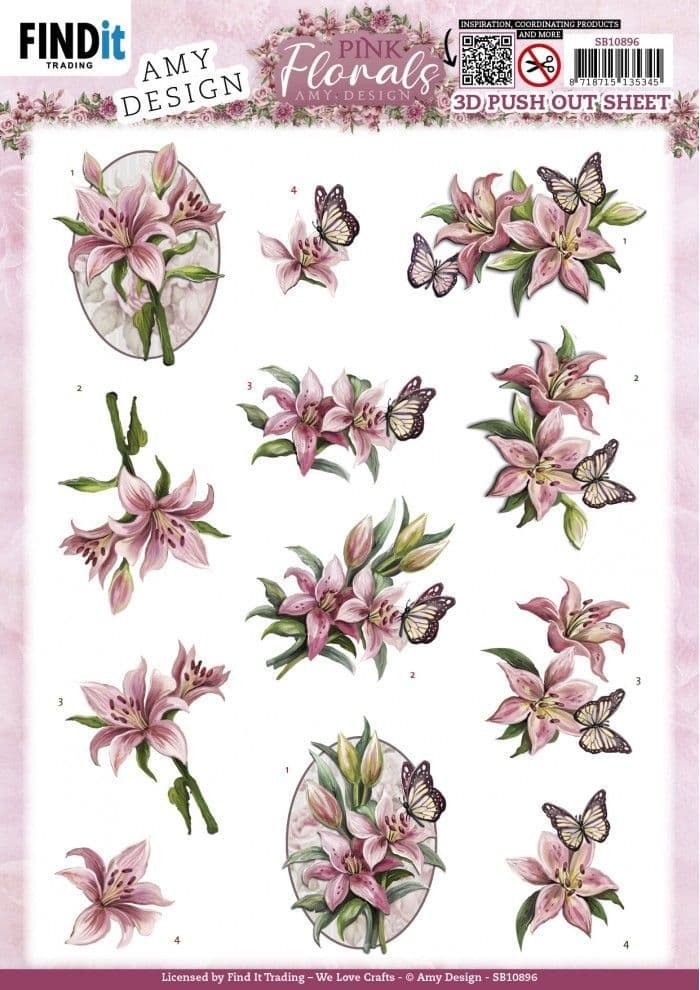 Lilies - Pink Florals Die Cut Decoupage Sheet Yvonne Creations Push Out ...