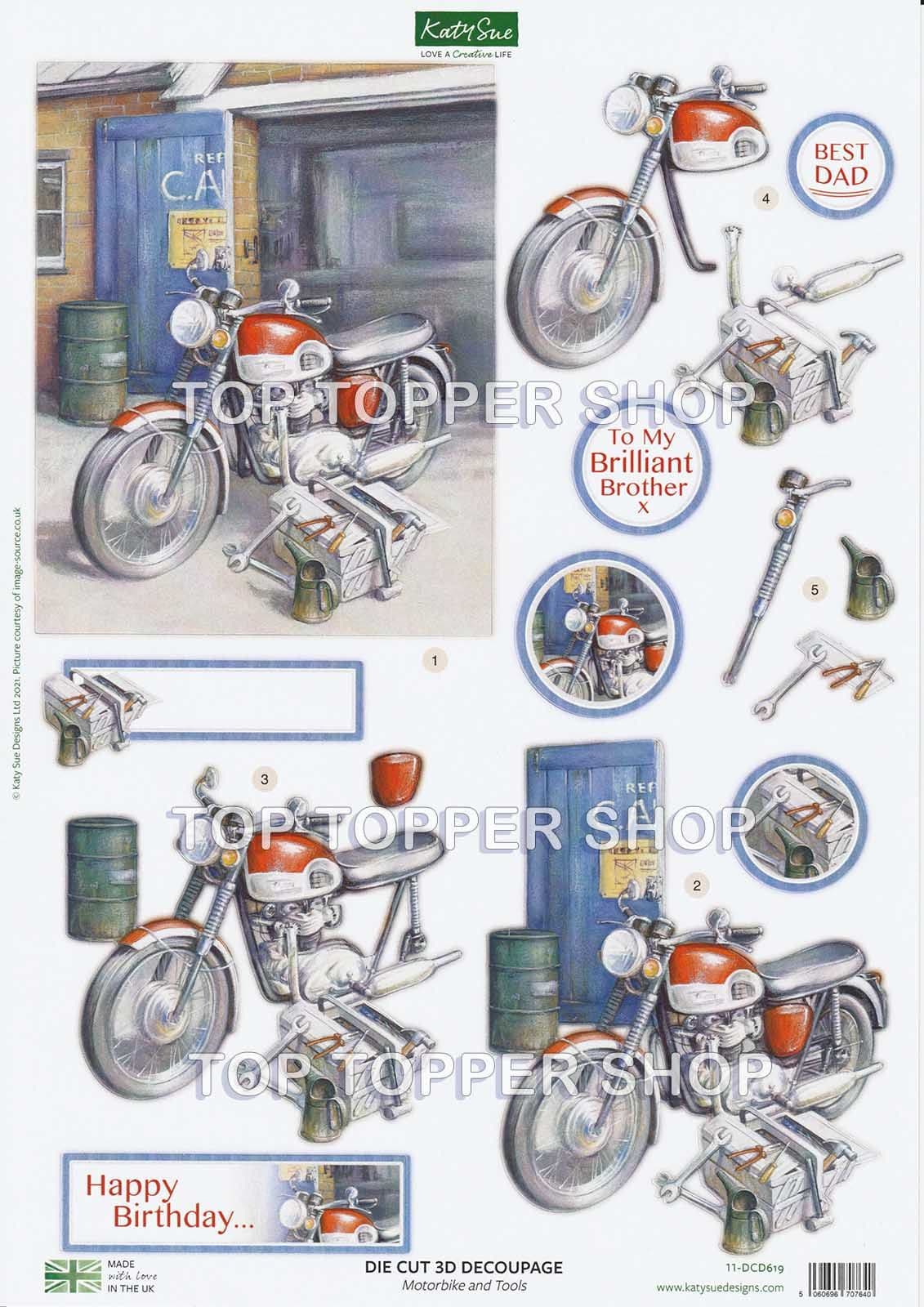 Motorbike & Tools A4 Die Cut Decoupage Sheet - Katy Sue Designs