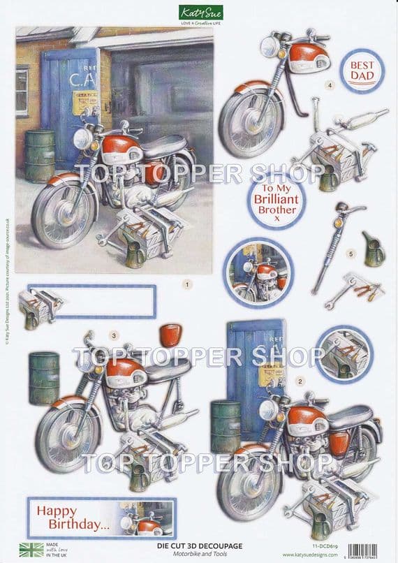 Motorbike & Tools A4 Die Cut Decoupage Sheet - Katy Sue Designs