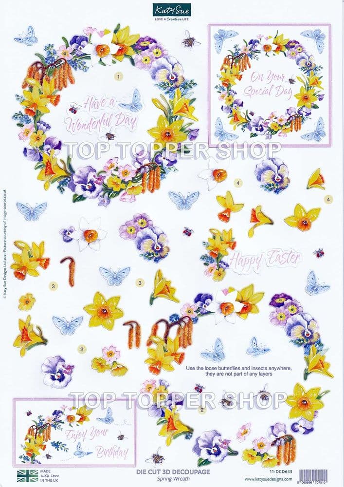 Spring Wreath A4 Die Cut Decoupage Sheet - Katy Sue Designs