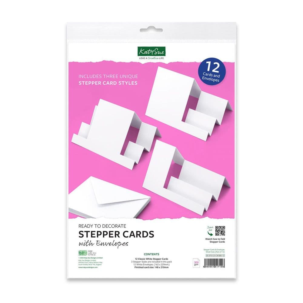 White Stepper Cards & Envelopes - Mixed Styles - Pack of 12