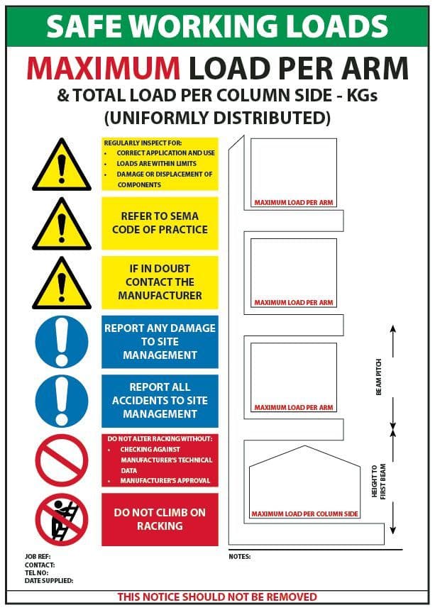 Safe Working Loads Cantilever Racking Sign