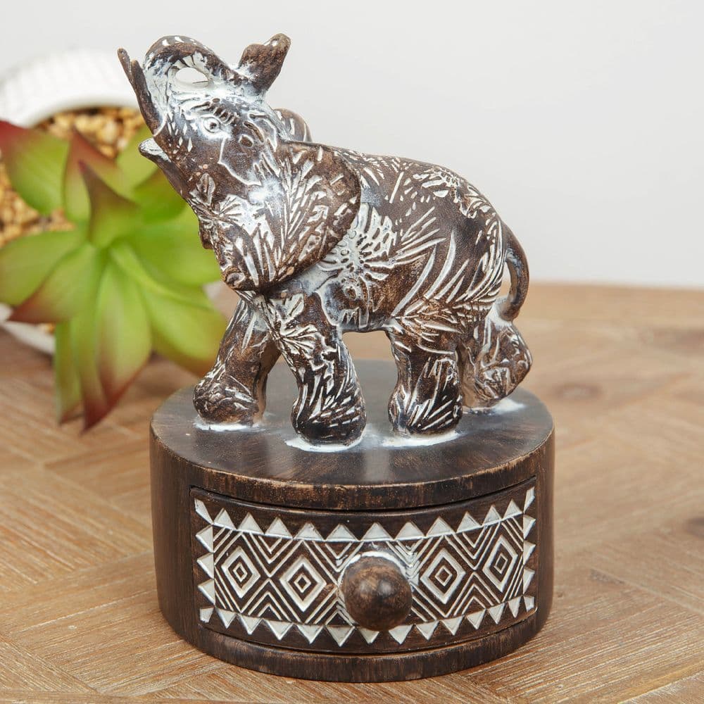 Artisan Elephant Trinket Box With Patterned Ebony Finish Wellbeing Gift ...
