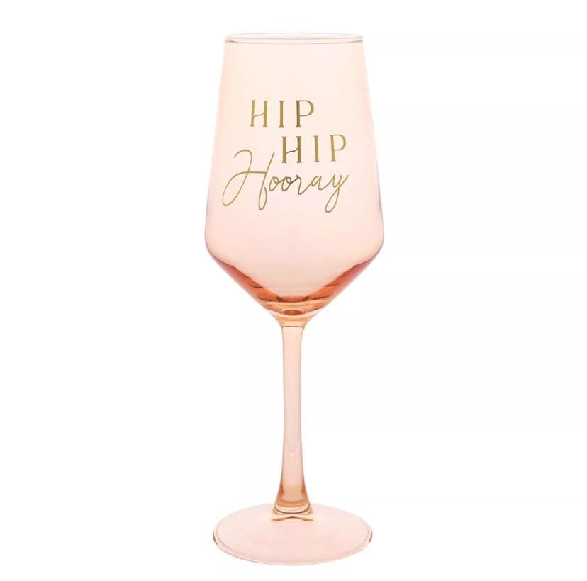 Confetti peach coloured hip hip hurray Wine Glass in matching gift box gift