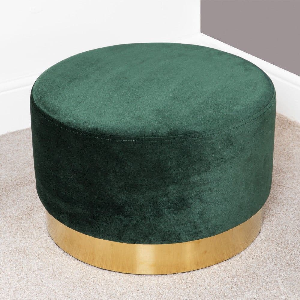 Dark Green Velvet Round Footstool With Gold Trim