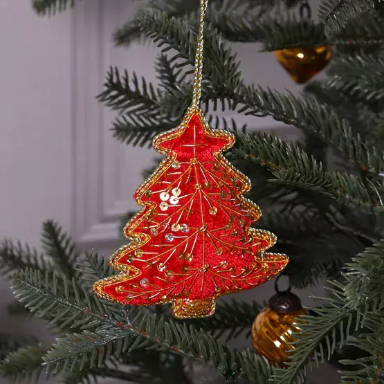 Red Velvet Hand Embellished Hanging Royal Christmas Tree Decoration