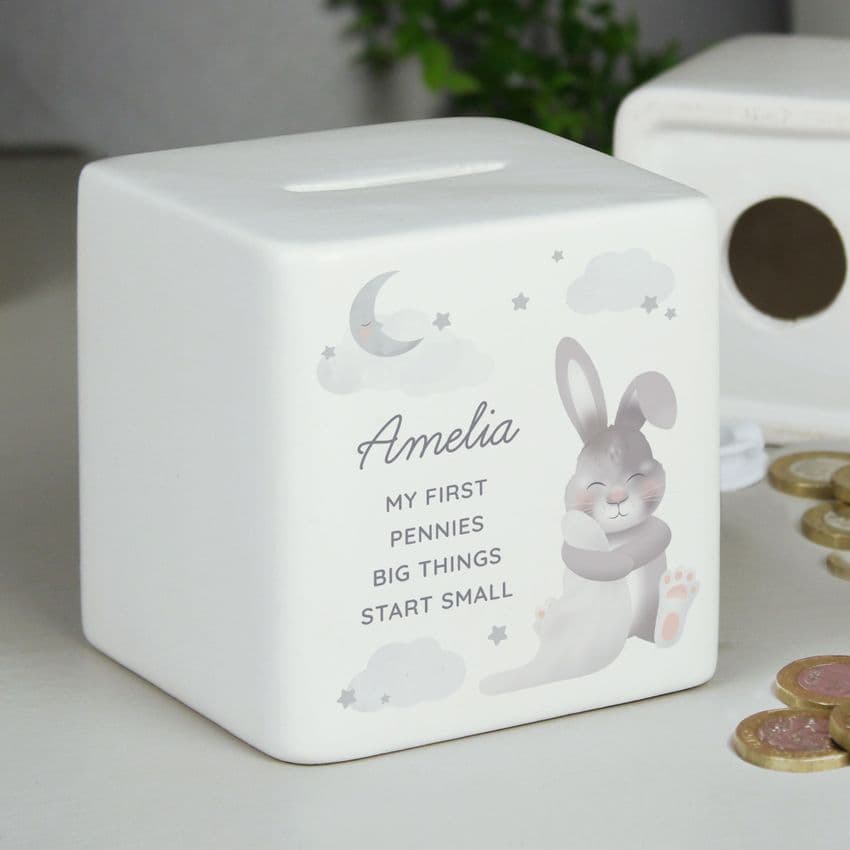Personalised Baby's first money box gift - Baby Bunny Square white ...