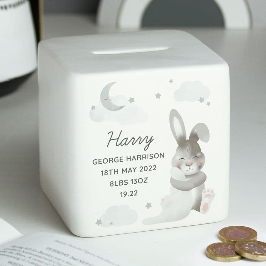 Personalised Baby's first money box gift - Baby Bunny Square white ...