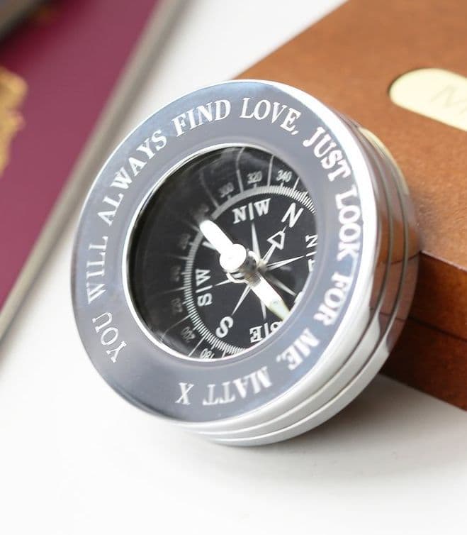 Personalised Chrome Compass In Wooden Box Unique Engraved Gift For Men
