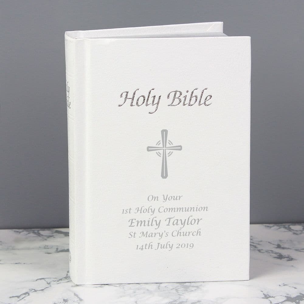 Personalised White Holy Bible Gift For Christening, Holy Communion and ...