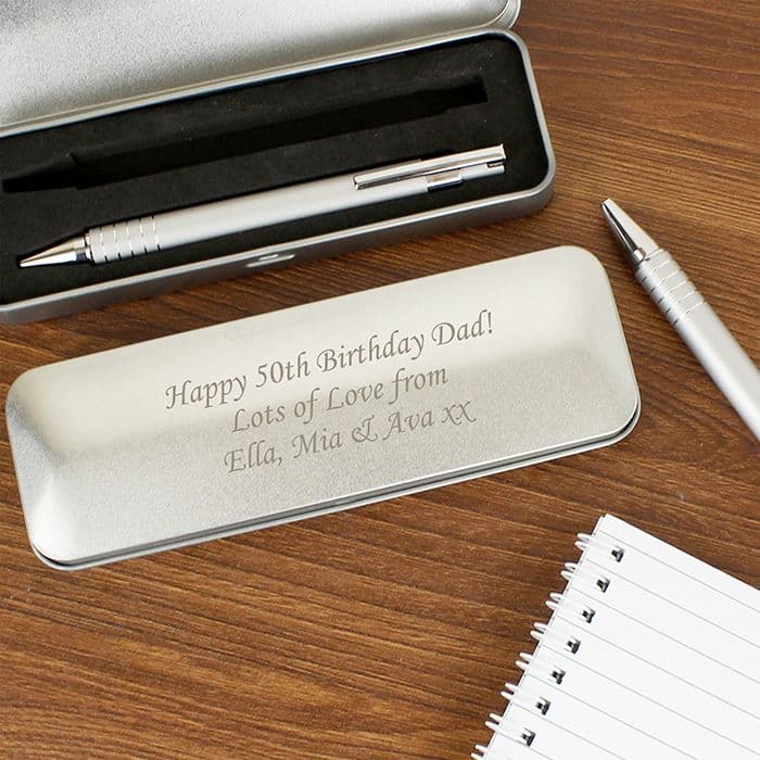 Personalised Pen Set Gift In Engraved Silver Box
