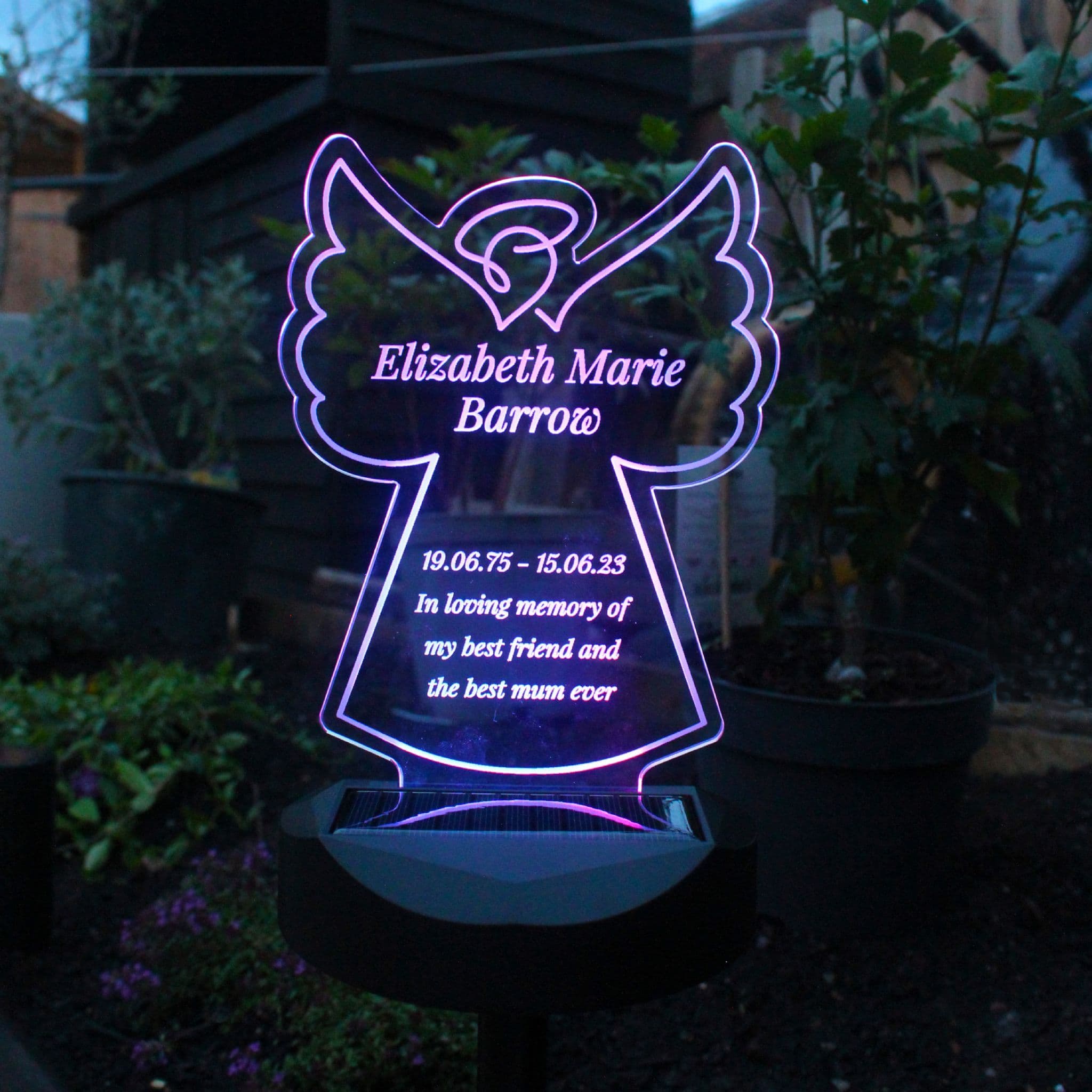 Personalised Solar Light Up Angel Grave Garden Tribute Ornament.