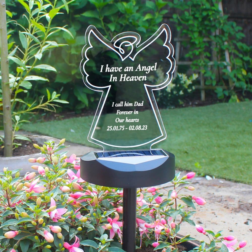 Personalised Solar Light Up Angel Grave Garden Tribute Ornament.