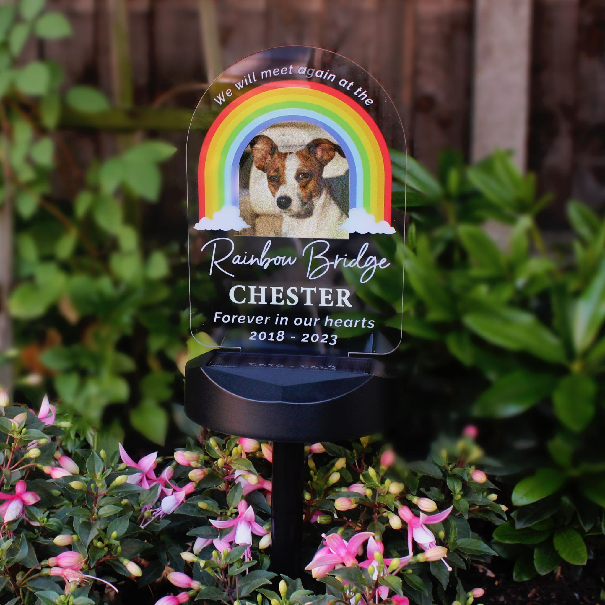 Personalised Solar Light Up Rainbow Bridge Design Garden Tribute pet ...