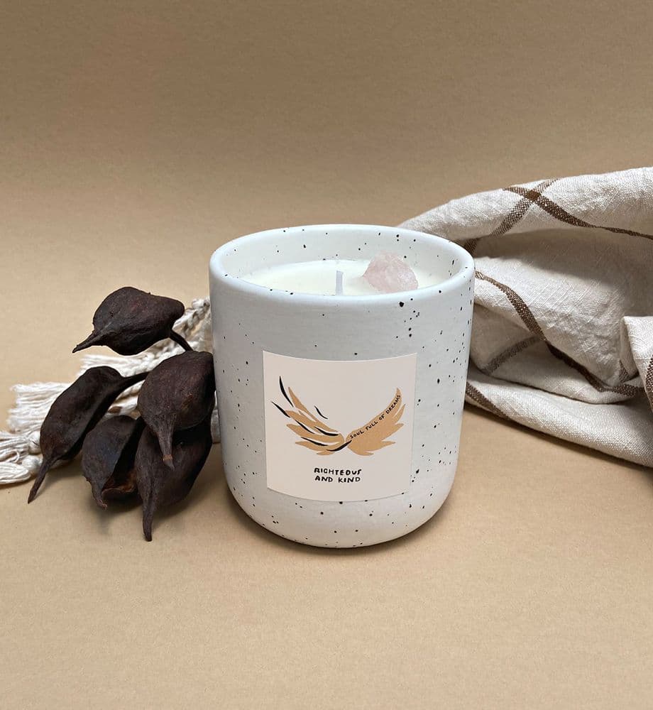 Righteous and Kind angel wings candle with rose quartz embedded into ...