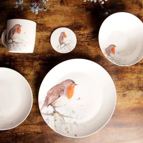 Robin Redbreast Design Set Of 4 white porcelain dinner plates by Meg ...