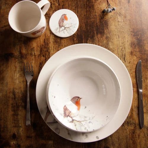 Robin Redbreast Design Set Of 4 white porcelain dinner plates by Meg ...