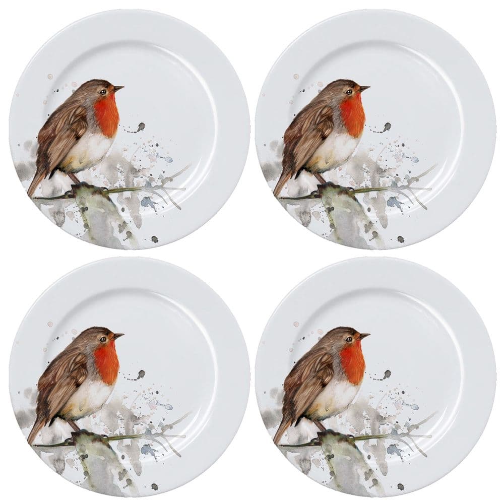 Robin Redbreast Design Set Of 4 white porcelain dinner plates by Meg ...