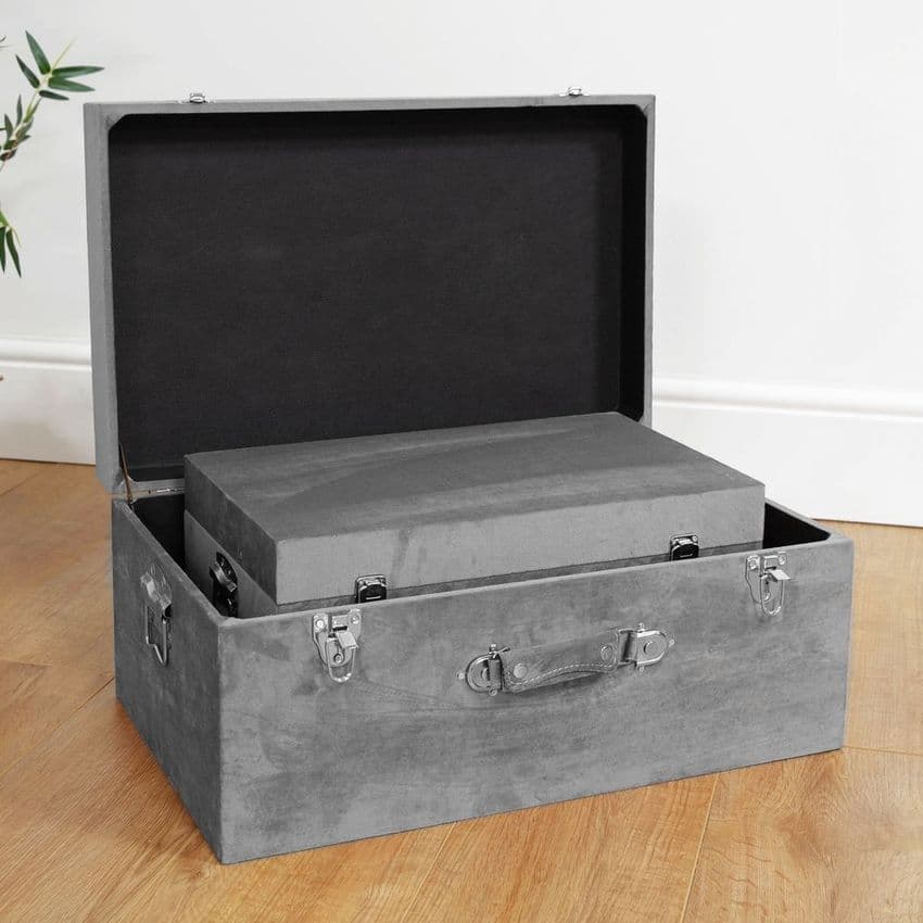 Set of 3 Grey Velvet Luxury Storage Boxes suitcase style decorative ...