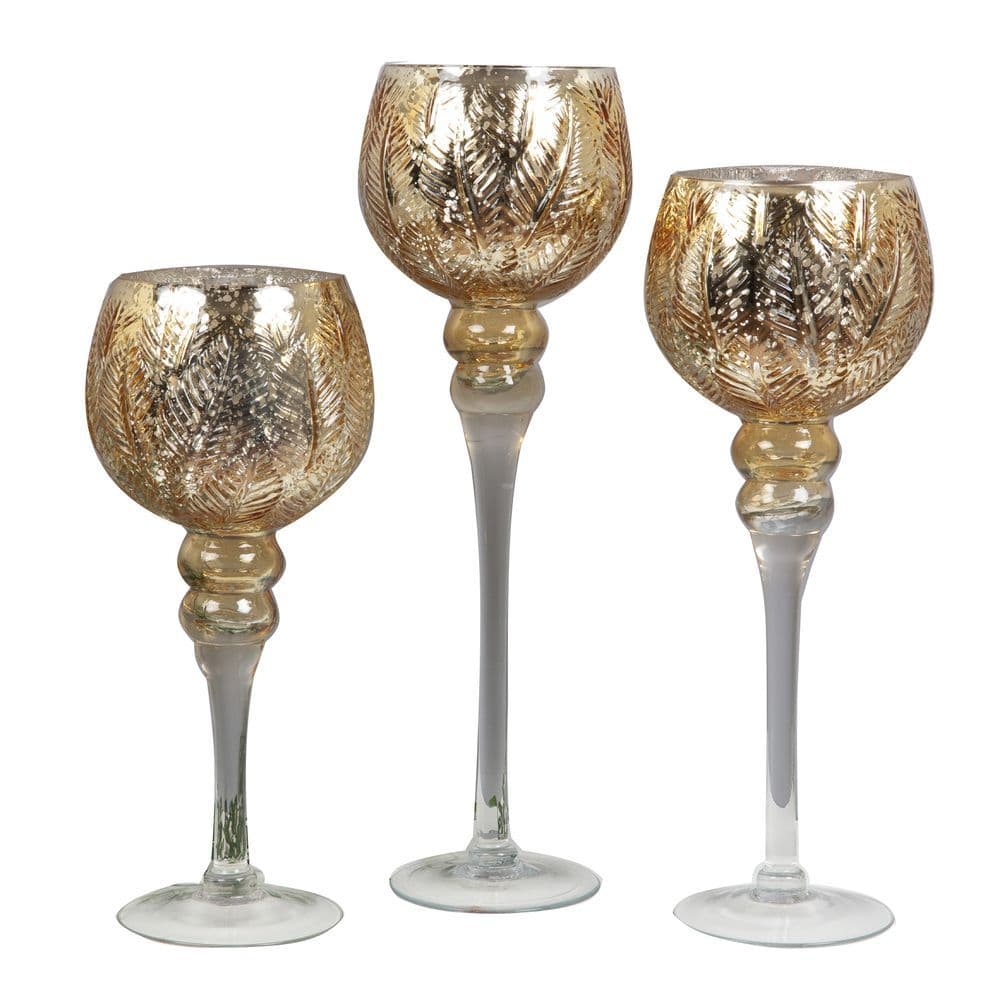 Set of 3 Large Gold Glass Goblet Style Candle Holders Luxury Table ...