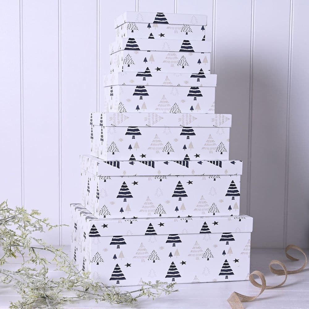 Set Of 6 Stackable Christmas Gift Storage Boxes - White Grey Woodland ...