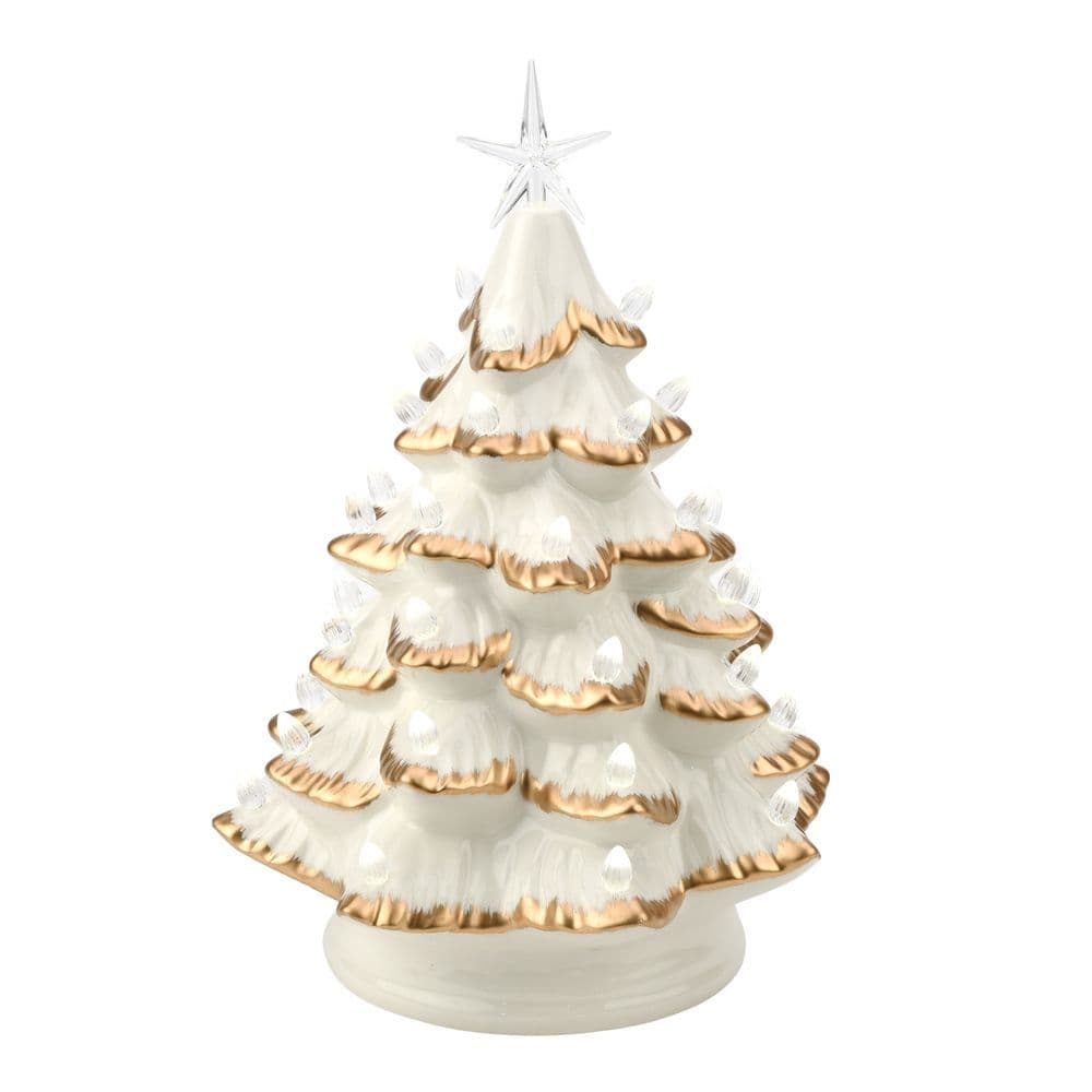 White and Gold Ceramic Light Up LED Christmas Tree Ornament Decoration 34cm